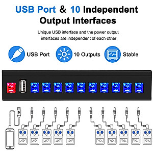 Vangoa Guitar Pedal Power Supply 10 Truly Isolated Outputs, Portable Pedal Board Power Supply with USB for 9V/12V/18V Effect Pedal Power Supply