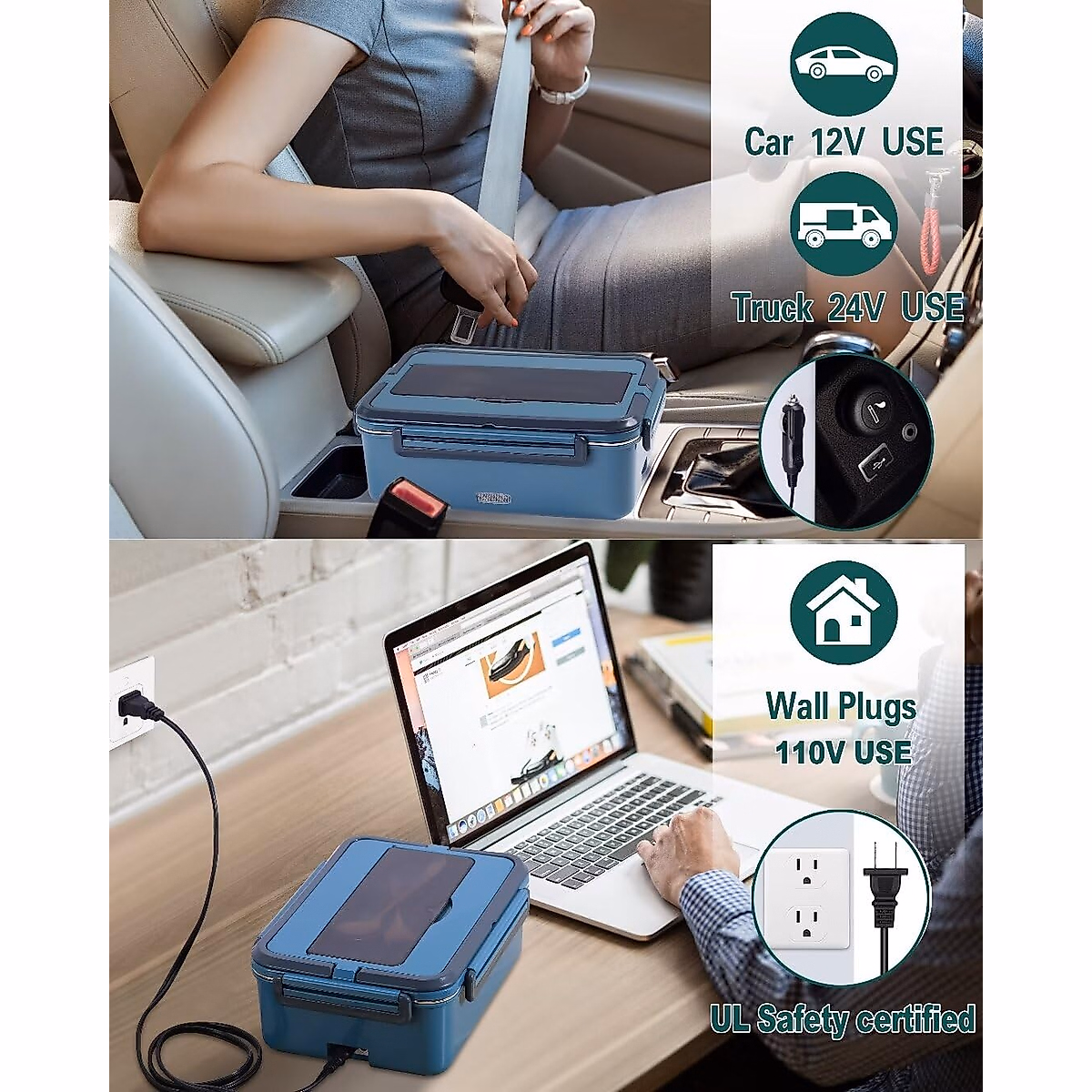 FanFanOK Electric Lunch Box Food Heater 80W Heated LunchBoxes for Adults Work/Car/Truck/Home, 1.8L Portable Food Warmer Heating Lunchbox with Insulated Lunch Bag 12V 24V 110V