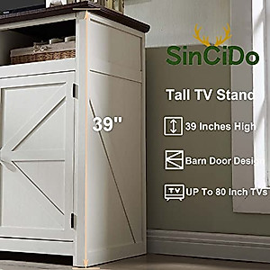 SinCiDo Farmhouse TV Stand for TVs Up to 80 inches, 39" Tall Highboy Entertainment Center w/Barn Door, Large Wood Rustic TV Console Cabinet w/Adjustable Shelves for Living Room, 70inch, White