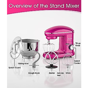 Facelle Stand Mixer, 660W 6 Speed Electric Kitchen Mixer with Pulse Button, Attachments include 6.5QT Bowl, Dishwasher Safe Beater,Dough Hook,Whisk & Splash Guard for Dough,Baking,Cakes,Cookie(Purple)