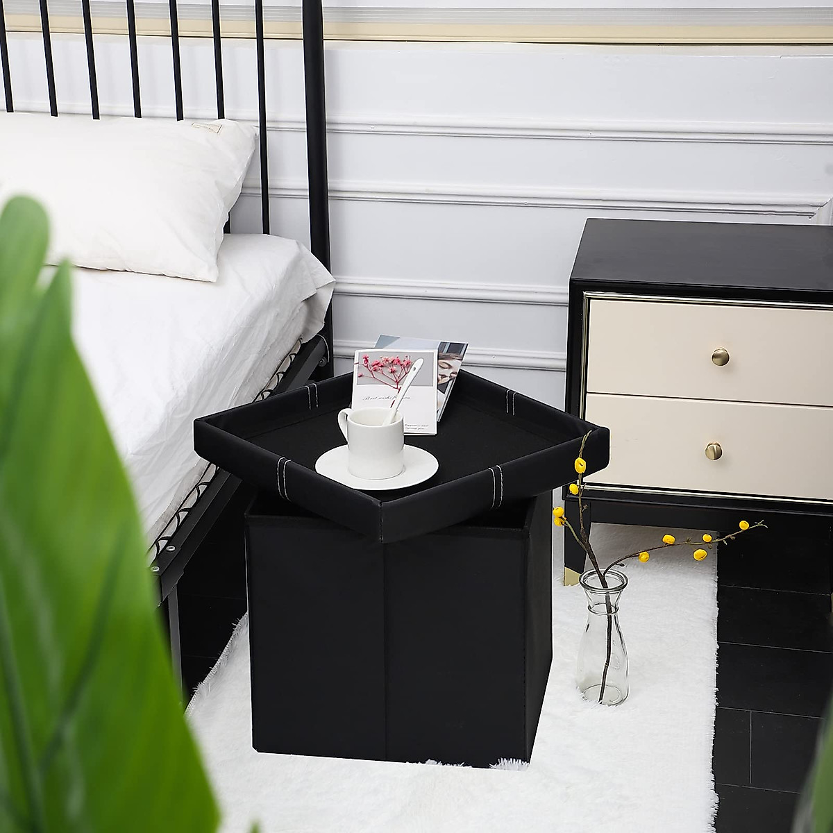 NIENIE Folding Storage Faux Leather Ottoman,Footrest Stool Toy Box Chest with Memory Foam Seat for Room Small Rectangle Collapsible Bench Furniture,11.8"X11.8"X11.8",Black Pack of 1