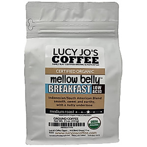 Lucy Jo's Coffee, Organic Mellow Belly Breakfast Low Acid Blend, Medium Roast, Ground, 11 oz