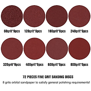 Hongway 72pcs Sanding Discs Set 5 Inch Orbital Sander Sandpaper, Hook and Loop Orbit Sander Pads, 60 120 180 240 320 400 600 800 Grit 8 Hole for Power Random Sander