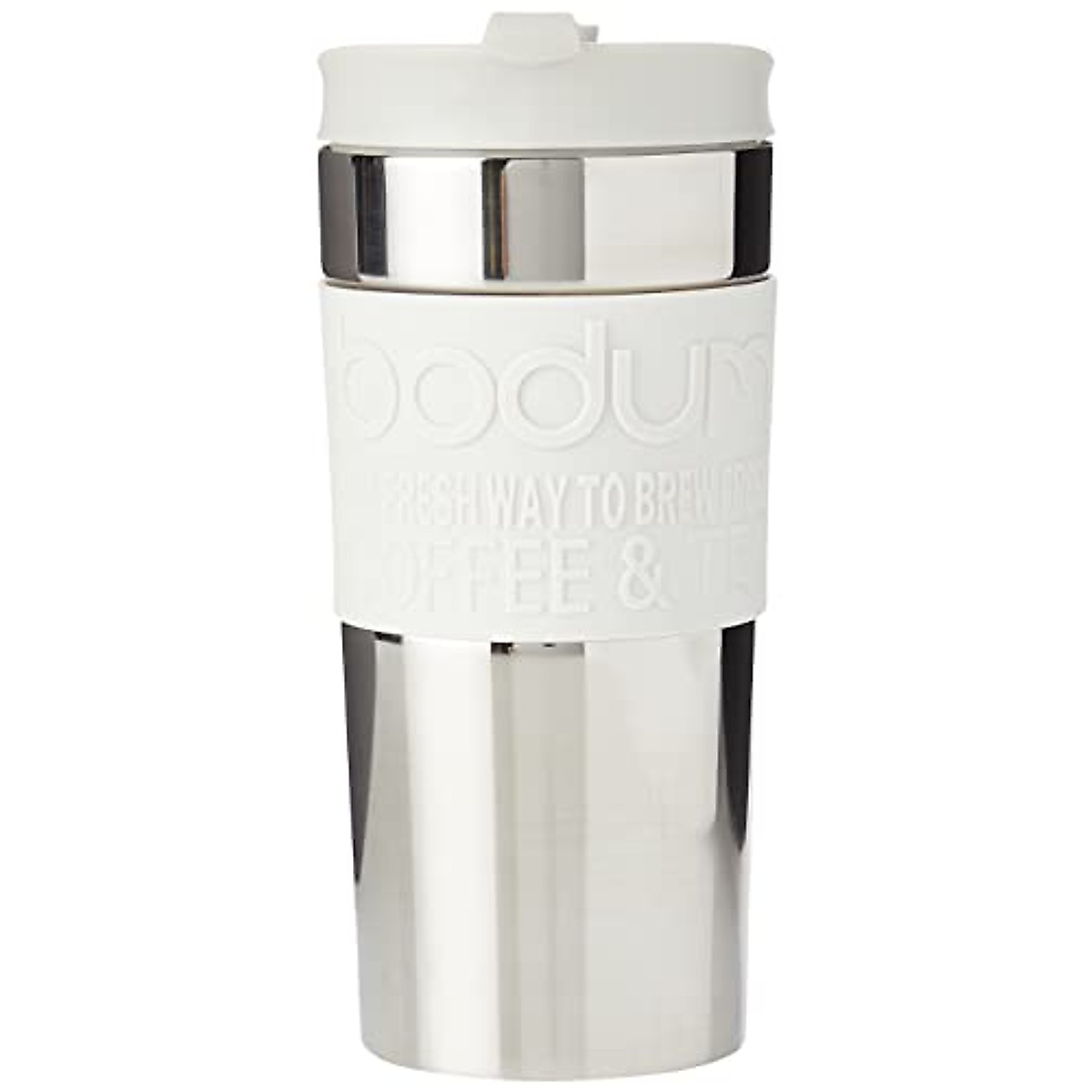Bodum Travel French Press Coffee Maker Set, Stainless Steel with Extra Lid, Vacuum, 0.35 L/12 oz, White