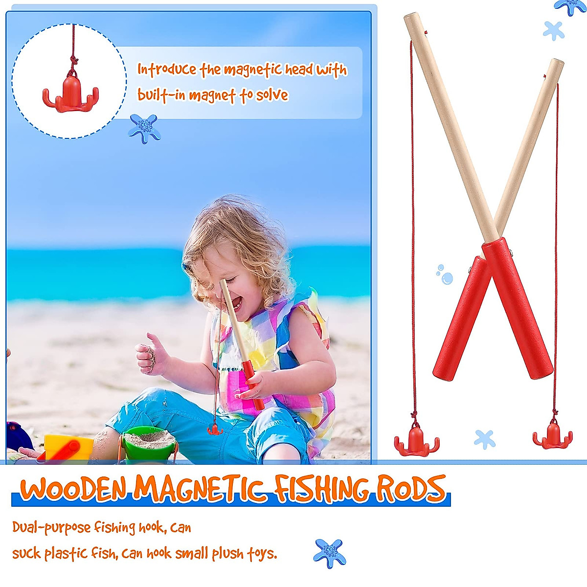 Juinipe 4 Pieces Magnetic Fishing Poles Wooden Magnet Fishing Rods Magnetic Fishing Games for Wooden Magnetic Fishing Games for Kindergarten Preschool Boys Girls