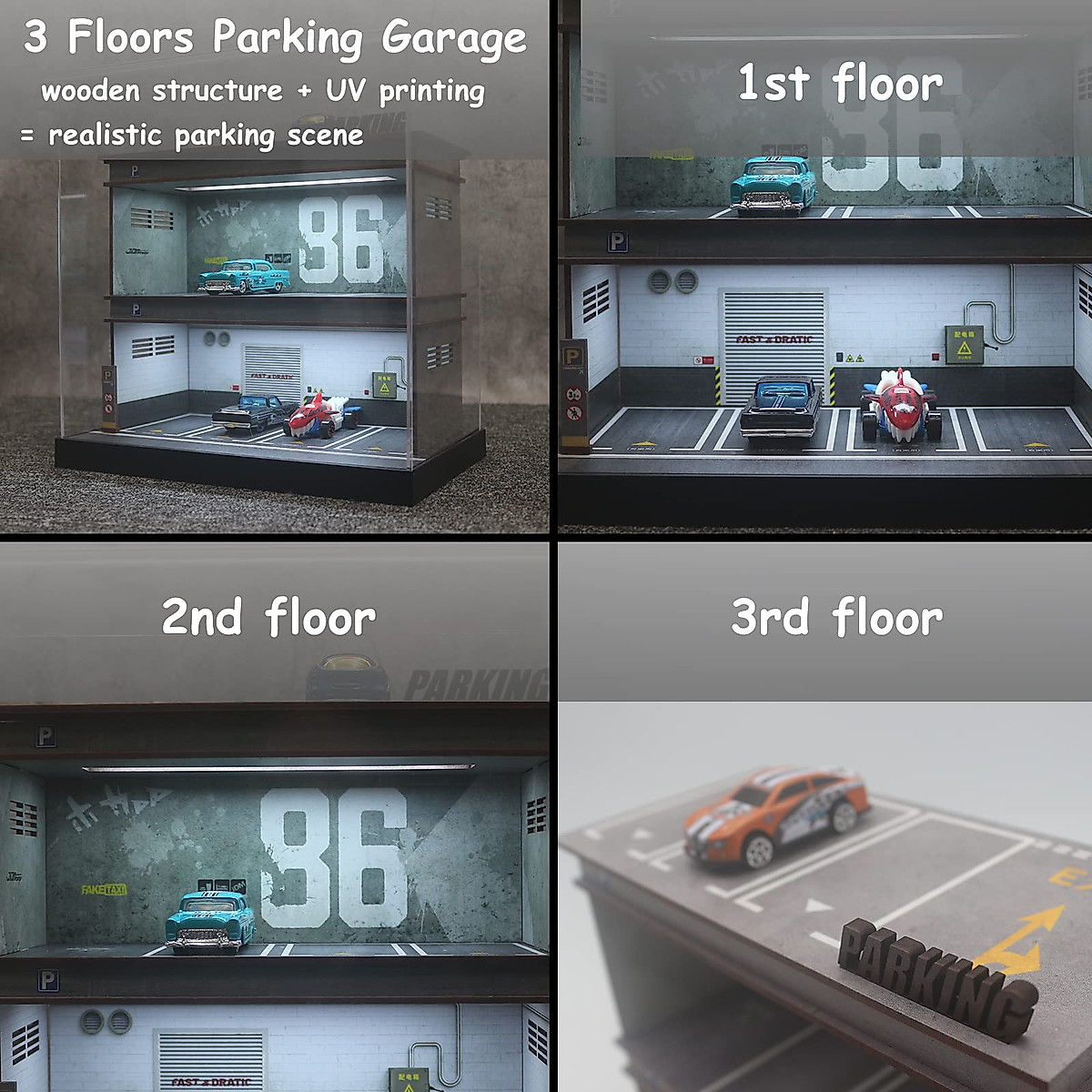 Hot Diecast Wheels Display Case - 1/64 Scale Die-cast Model Car Display Case with LED Light and Acrylic Cover, Wooden Parking Garage in 3 Floors with 10 Parking Spaces (86)