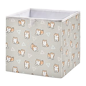 Seamless Cute Cartoon Shiba Inu Dogs Geometric Triangles on Warm Grey Square Storage Basket Bin, Collapsible Storage Box, Foldable Nursery Baskets Organizer for Toy, Clothes Easy to Assemble