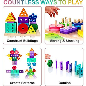 HELLOWOOD Wooden Sorting & Stacking Toys, Montessori Toys for 1 2 3 Years Old Toddlers, Shape Sorter Puzzles with 24-Piece Large Geometric Blocks & 12 Word Cards, Gift for 12+ Months Baby Boys Girls