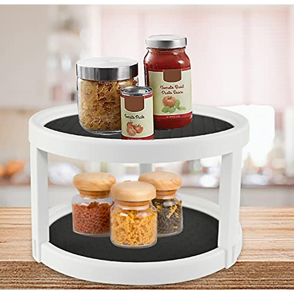HOME-X Two-Tier Lazy Susan, Nonskid Turntable, Rotating Organizer for Pantry, Kitchen Counter, or Table, 9 ¾" D x 6" H, White