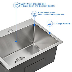 TSIBOMU 24 Inch Kitchen Sink Drop-in, 18 Gauge Stainless Steel Single Bowl Single Faucet Hole Top Mount Workstation Sink, 24x18x9