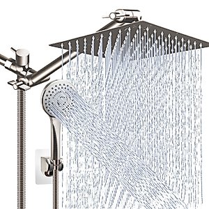 Shower Head Combo(Brushed Nickel),10'' High Pressure Rain Shower Head with 11'' Adjustable Extension Arm and 5 Settings Handheld,Powerful Shower Spray Against Low Pressure Water