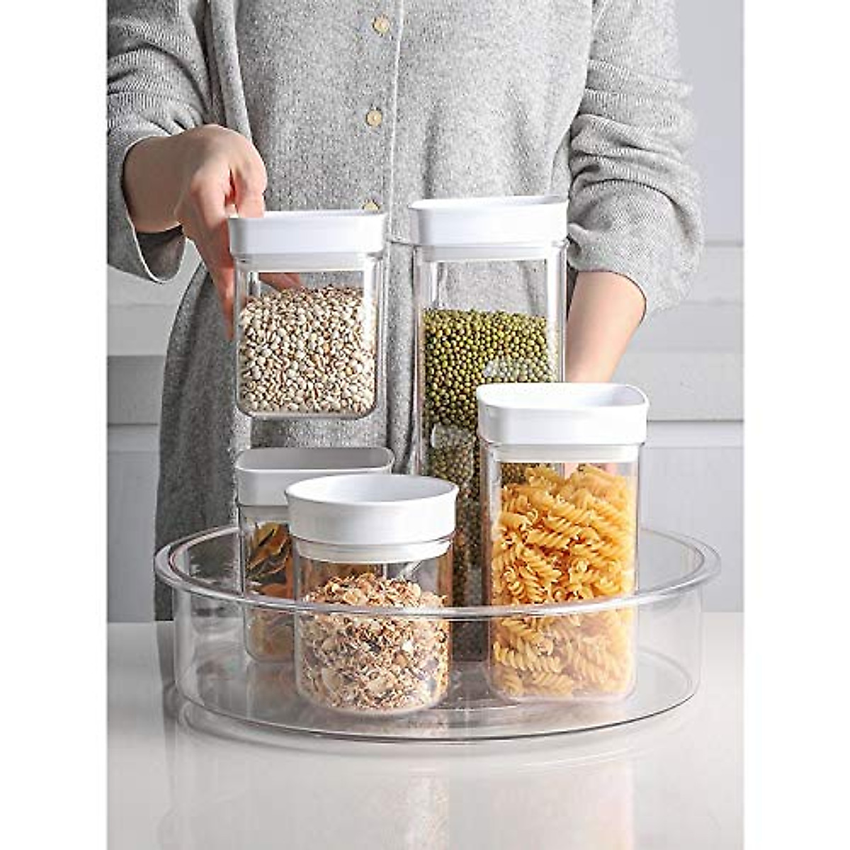 SANNO 12" Divided Lazy Susan Turntable Storage Container for Kitchen Cabinet, Pantry, Refrigerator, Countertop Food Safe Turntable Spice Rack for Cupboard,Spinning Organizer for Food Pouches-Set of 2