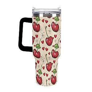 Cherry Flower Heart Tumbler with Handle Travel Mug Water Bottle Tea Coffee Cup Black-style