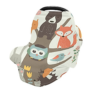Animal Fox Bear Owl Nursing Cover Breastfeeding Scarf, Stretchy Infant Carseat Canopy Multi-use Stroller Cover Car Seat Cover for Baby Girl Boy