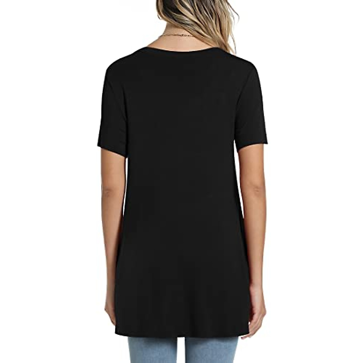 POPYOUNG Women's Summer Short Sleeve T-Shirt Casual Lace Neck Tunic Tops for Leggings Loose Blouse 2XL, Black