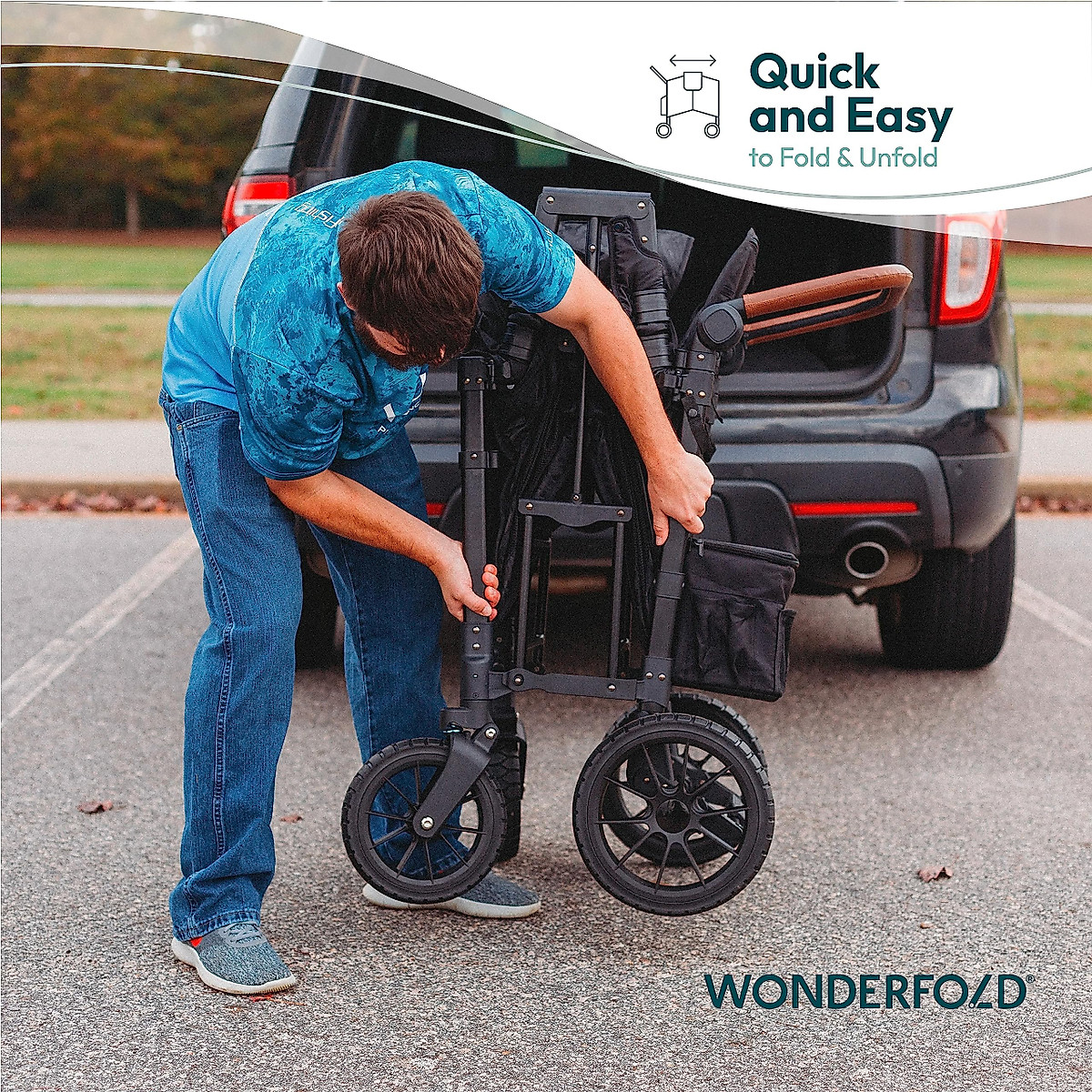 WONDERFOLD W2 Luxe Double Stroller Wagon (2 Seater) - Collapsible Wagon Stroller with Seats with Magnetic Buckle 5-Point Harnesses and Adjustable Sun Canopy, Volcanic Black