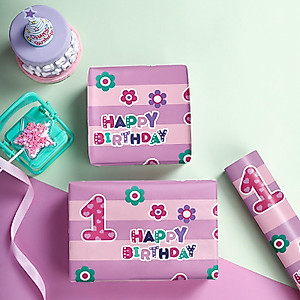 WRAPAHOLIC 1st Birthday Wrapping Paper Sheet - 6 Sheets Pink Happy Birthday with Floral Design Folded Flat for Birthday, Party, Baby Showers - 19.7 Inch X 27.5 Inch Per Sheet
