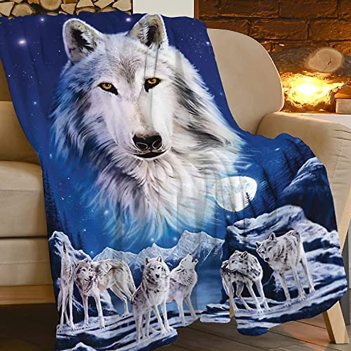 Fuzawet White Wolf Blanket Soft Warm Fleece Wolves Throw Cozy Fluffy Plush Animal ​Blanket Wolf Gifts Stuff for Kids Adults Bed 40''X50''