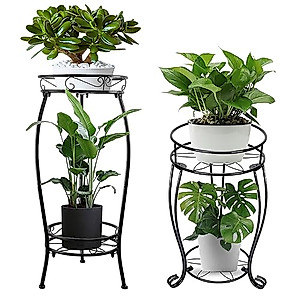 2 Pack Metal Plant Stand Indoor Holders-Outdoor Plants Flower Potted Stands Rack for Multiple Plants,Sturdy Iron Pot Round Shelf,Modern and Stylish Decor for Garden Home Yard Patio,2 Different Size