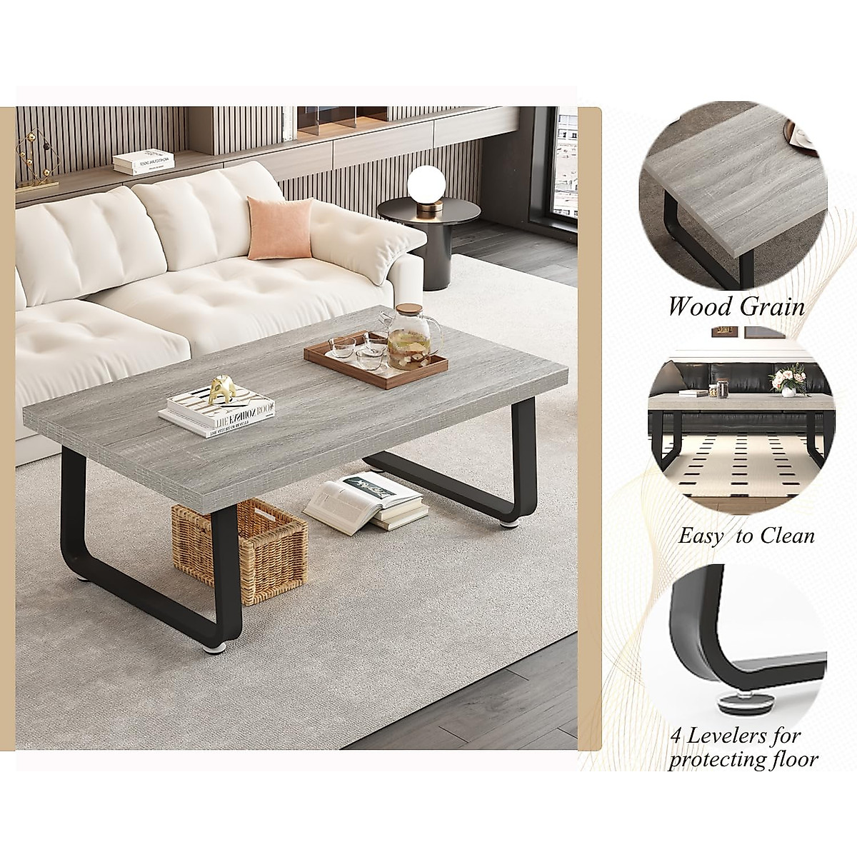 HSH Grey Small Coffee Table, Modern Minimalist Coffee Center Table, Rectangle Simple Wooden Living Room Table, Industrial Wood and Metal Tea Table for Home Bedroom Home Office, Light Grey Oak, 39 in