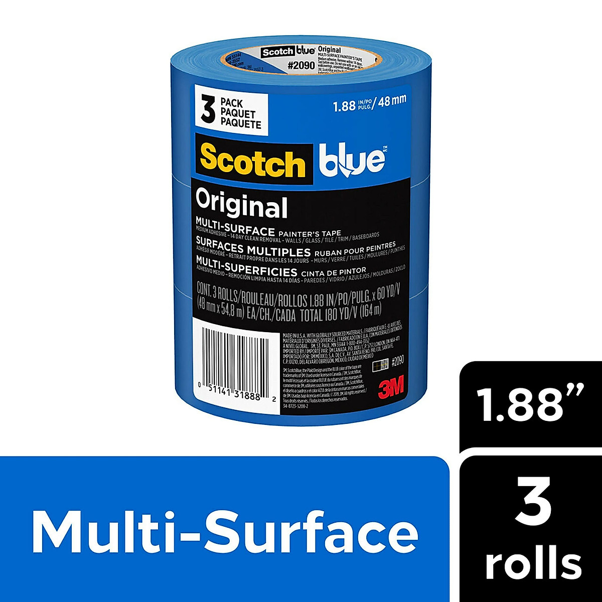 ScotchBlue Original Multi-Surface Painter's Tape,  1.88 inches x 60 yards (180 yards total), 2090, 3 Rolls