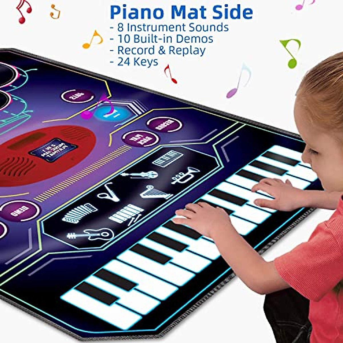 QShark 2 in 1 Kids Music Learning Toys for Boys Girls, Drum Set + Piano Mat | Record & Playback, Built-in Songs, 8 Instrument Sounds, 24 Keys, Christmas Birthday Gifts for Toddler 3 4 5 6 7 8 Years