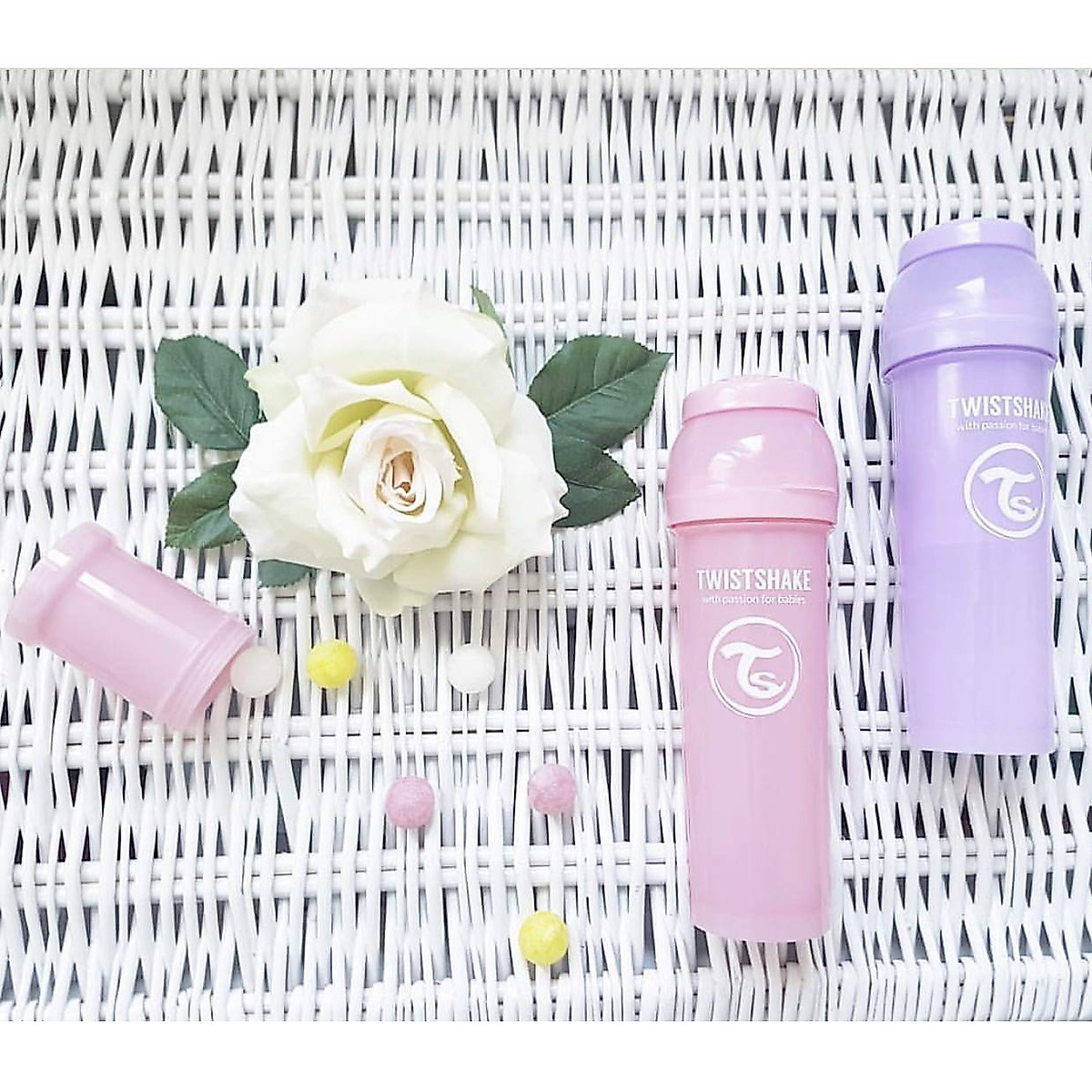 Twistshake Anti Colic Baby Bottles - Premium 330ml/11oz Bottles with 100ml Milk Storage Container for a Comfortable Feeding Experience for Baby Care - Pastel Pink