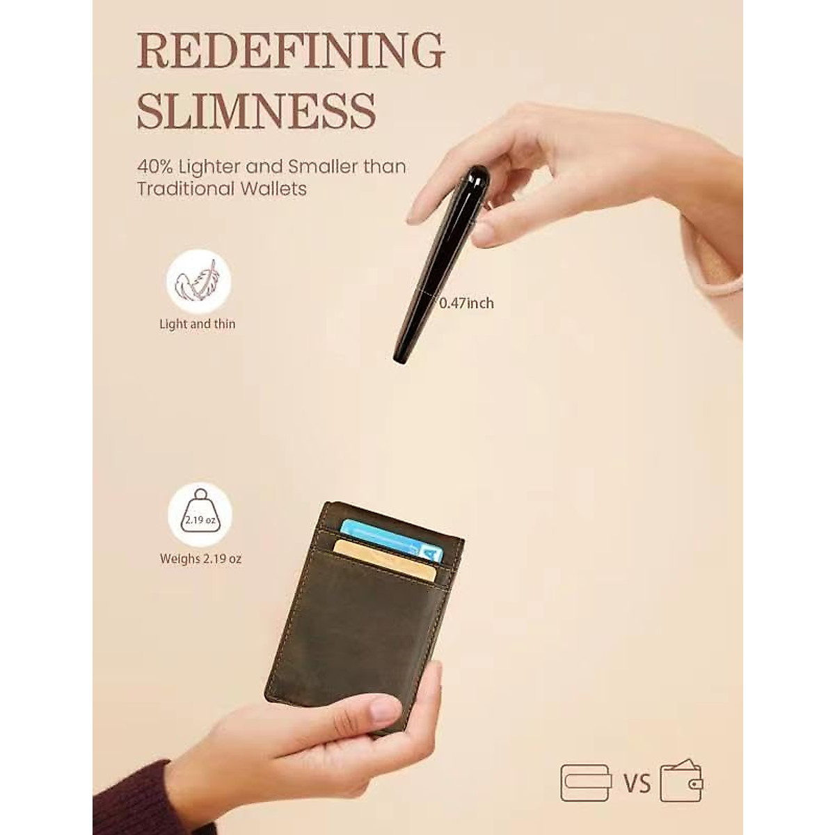 kinzd Slim Wallet with Money Clip RFID Blocking Minimalist Bifold Wallet for Men Genuine Leather Front Pocket Card Holder (AS137 - Crazy Horse Leather Dark Brown)