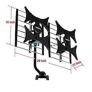 Five Star Multi-Directional 4V HDTV Antenna - up to 200 Mile Range, UHF/VHF, Indoor, Attic, Outdoor, 4K Ready 1080P FM Radio, Supports 4 TVs Plus Installation Kit and Mounting Pole