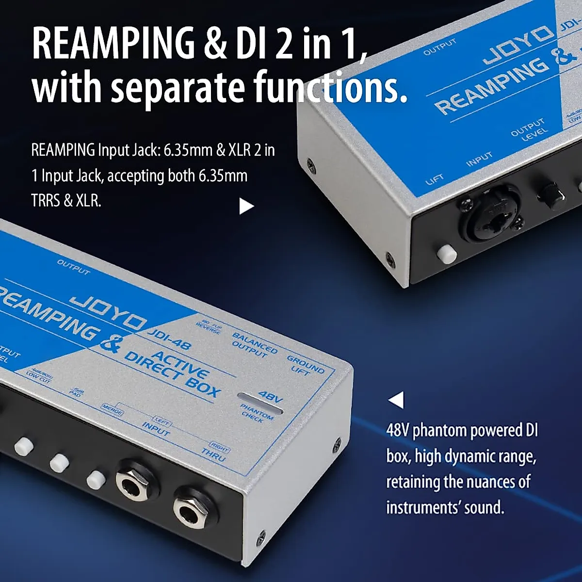 JOYO Passive Reamping and Phantom Powered Active Direct Box, Re-Amping Direct Box with 6.35mm and XLR Input 2 in 1 for Guitarist Bass Performance or Recording (JDI-48)