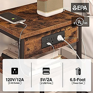 Rolanstar End Table with Charging Station, 3 Tier Slim Nightstand with Storage Shelf, Narrow Side Table with USB Ports & Power Outlets, Steel Frame for Living Room, Bedroom, Rustic Brown