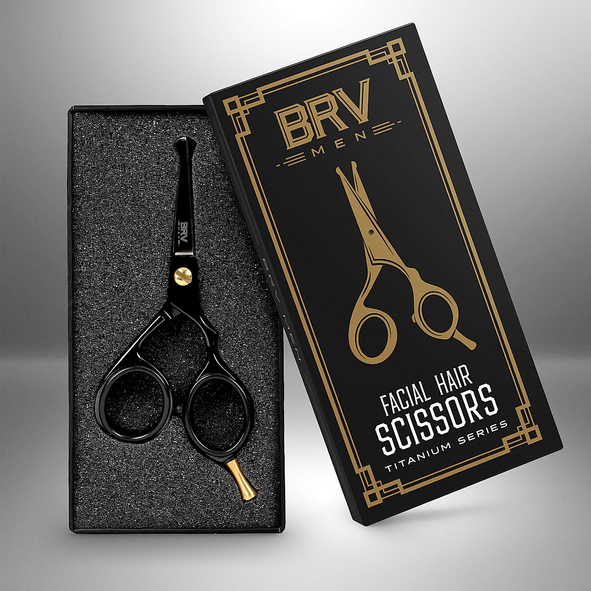 BRV MEN Rounded-Tip Small Trim Scissors for Men 4.2" | High Carbon Stainless Steel | Nose Hair Scissors for Men | Professional Grooming Scissors for Beard, Mustache & Ear Hair - RIGHT HANDED (Black)
