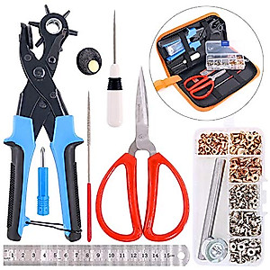 Swpeet 8Pcs Leather Hole Punch Plier with Grommet Eyelets Kit, Professional Puncher Including Punch Plier Screwdriver, Scissors, Rule, Awl Tool and Grinding Rod Multi Sized Puncher for Belts, Crafts