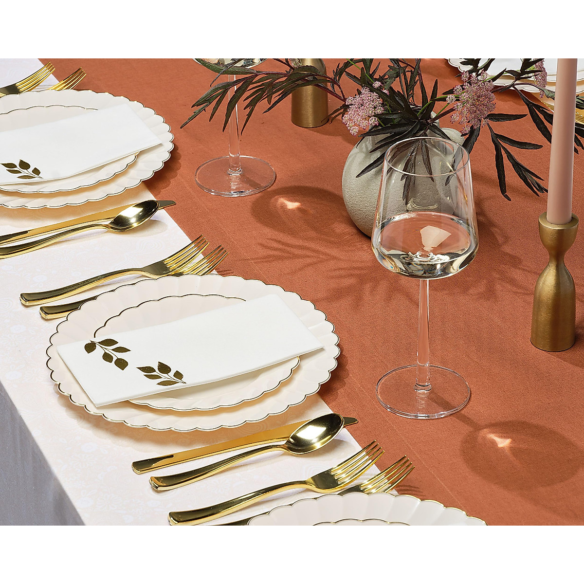 By Madee HEAVYWEIGHT 175 Pc Thanksgiving Plates and Napkins Sets | Ivory Scalloped Plates with Gold Trim | Fall Plastic Plates, Cutlery, Gold Leaf Napkins | High End Disposable Plates (25 Guests)