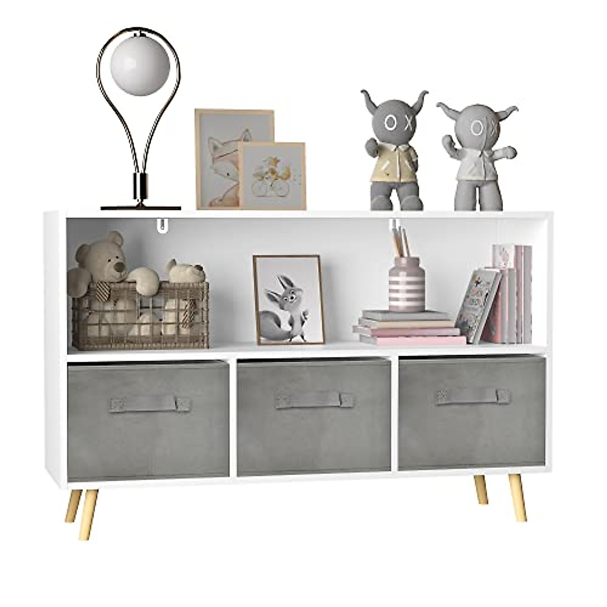 Toy Organizers and Storage,Kids Bookcase with Collapsible Fabric Drawers,Wooden Storage Cabinets & Shelves,Toddler Book Shelf for Bedroom,Playroom,Livingroom (Grey)