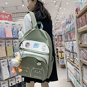 Kawaii Backpack for girls,17in Cute Cat Embroidery School Backpack Set with Lunch Bag Pencil Box,3PCS Aesthetic Student Bookbags,Green