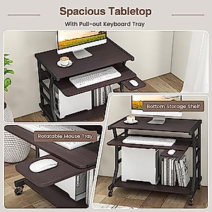 Tangkula Mobile Computer Desk with Keyboard Tray, Portable Small Rolling Desk with Mouse Tray & Bottom Storage Shelf, Rolling Laptop PC Desk Cart with Lockable Wheels for Small Space (Brown)