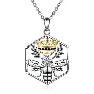 YAFEINI Bee Necklace Queen Bee Pendant Honeycomb 925 Sterling Silver Crown Jewelry Gifts for Women (Queen Bee Necklace)