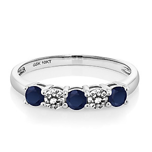 10K White Gold Blue Sapphire and White Diamond 5 Stone Wedding Engagement Anniversary Promise Ring For Women (0.59 Cttw, Round 3MM, Gemstone September Birthstone, Available In Size 5, 6, 7, 8, 9)