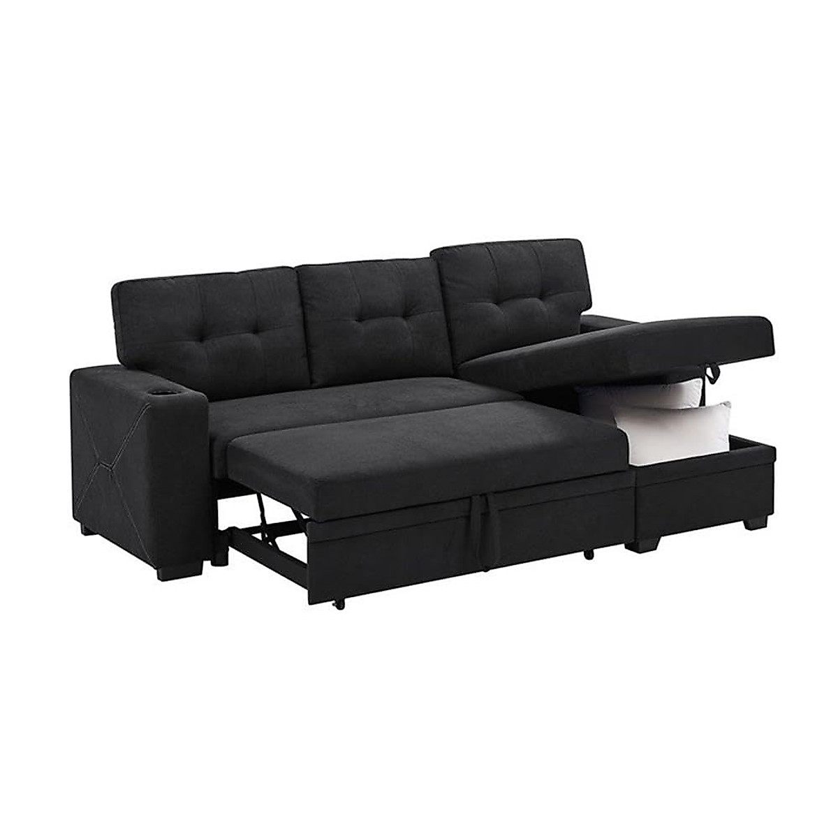 Trent Home Upholstery Polyester Blend Fabric Convertible Sectional Sleeper Sofa with Cup Holders in Black
