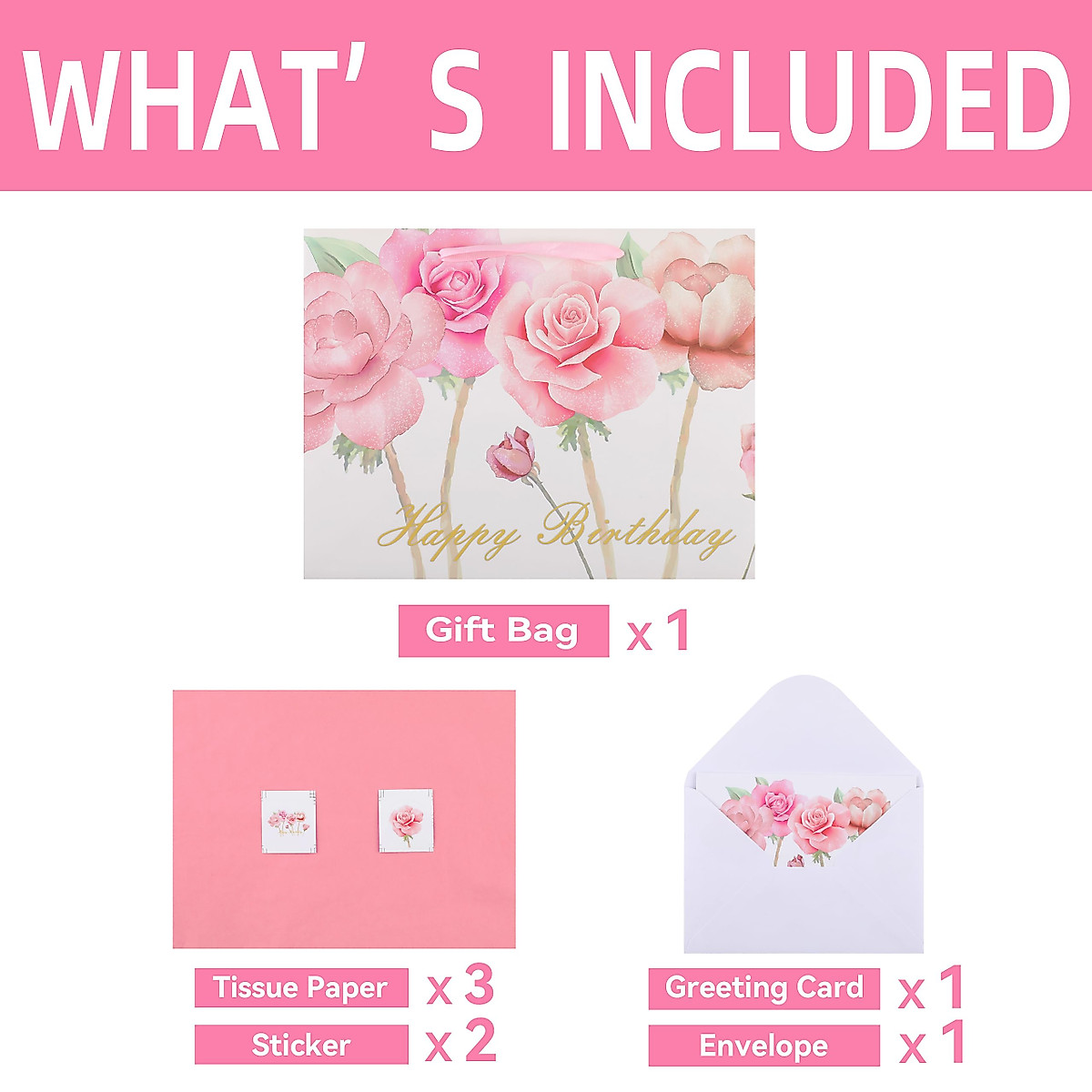 13" Large Pink Gift Bag Set with Greeting Card and Tissue Papers (Roses Design) Women's Birthday Party, Girls' Parties, Baby Shower, Baby Girl - 13”x5.2”x10.2”, 1 Pcs.