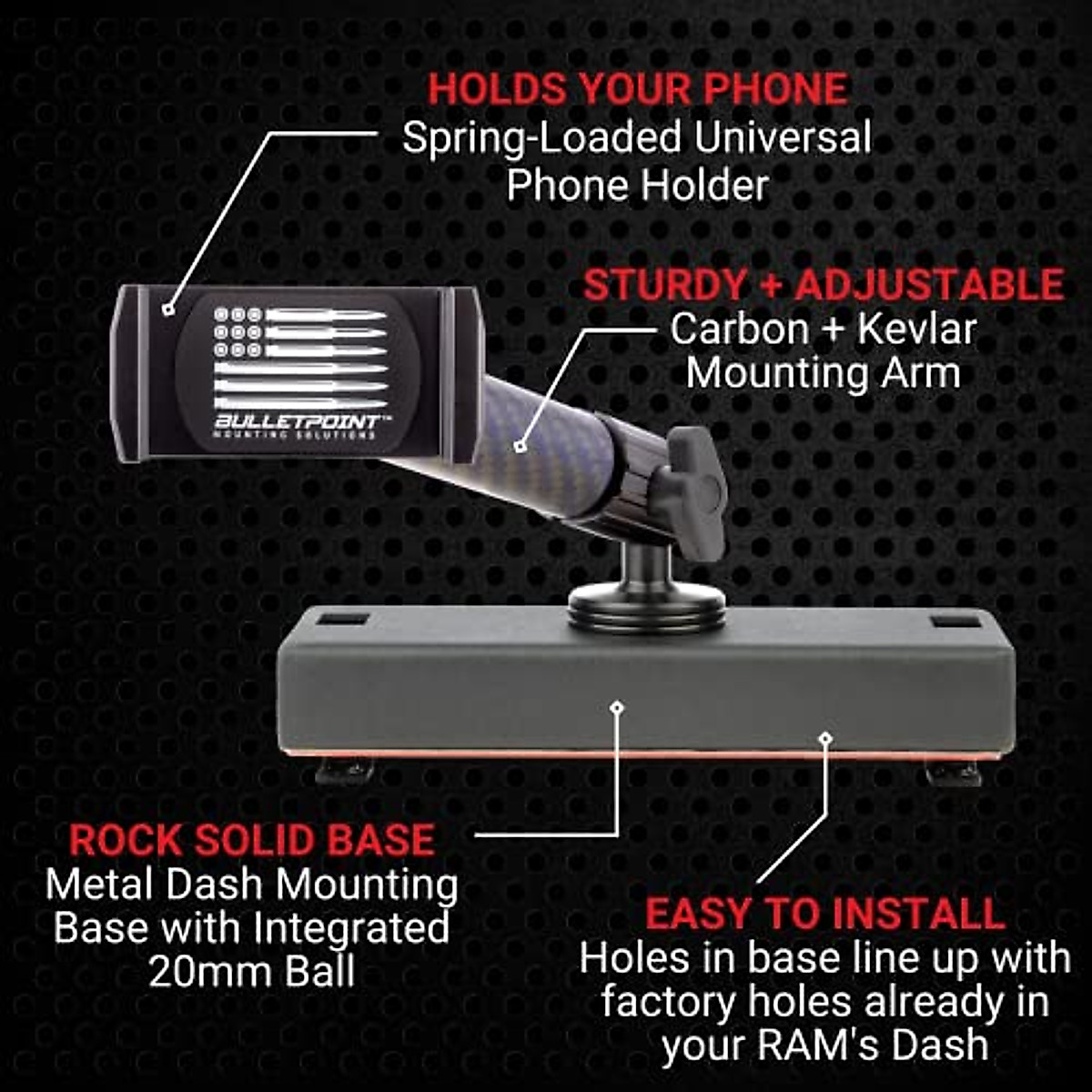 Bulletpoint Dash Mount Cell Phone Holder RAM Truck Compatible (2019+ 1500, 2500, 3500 and TRX) with 20mm Ball Mount - Compatible with iPhone and Android Smartphones (Single Ball with Phone Holder)
