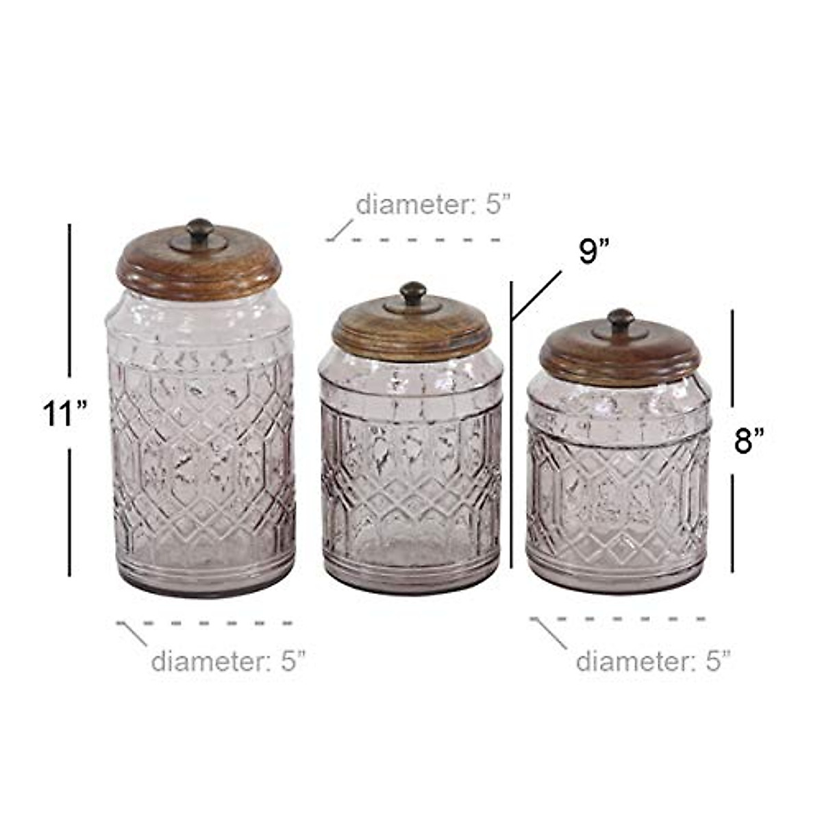 Deco 79 Glass Decorative Jars with Wood Lids, Set of 3 8", 9", 11"H, Clear