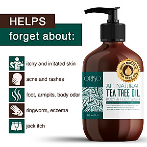 Tea Tree Oil Body Wash - Helps Athletes Foot, Ringworm, Jock Itchy, Acne, Eczema, Yeast Infection, Body Odor, Itchy Skin - With Moisturizing Aloe - Sulfate Free - 16oz