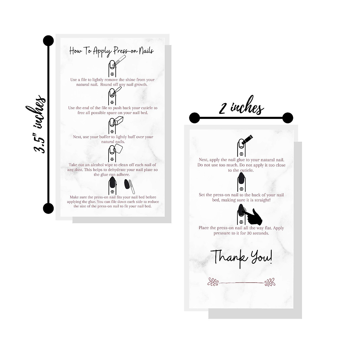 Press-On Nail Application Instructions Cards | 50 Pack | 2x3.5" inch Business Card Size | DIY Press-On Nail Kit | Marble with Rosey Gold Design