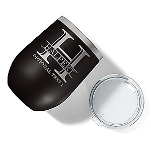 Personalized 12oz (17 Colors) Powder Coated Stainless Steel Stemless Wine Tumbler with Lid, Custom Etched, Customized Gift for Women Her, Wine Lover, Halpert Monogram Initial Name (Black)