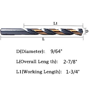 12 PCS,9/64", HSS Black and Gold Coated Twist Drill Bits, Metal Drill, Ideal for Drilling on mild Steel, Copper, Aluminum, Zinc Alloy etc. Pack in Plastic Bag