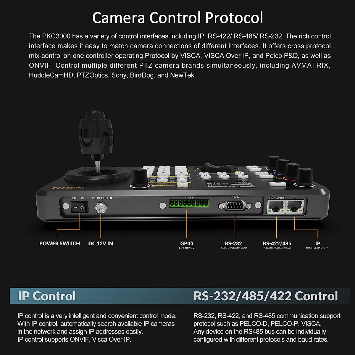 AVMATRIX PKC3000 PTZ Camera Controller IP Serial PTZ Keyboard with 4D Joystick IP, RS422 RS485 RS232 Interface LCD Screen PoE Supported for Church Conference Live Streaming