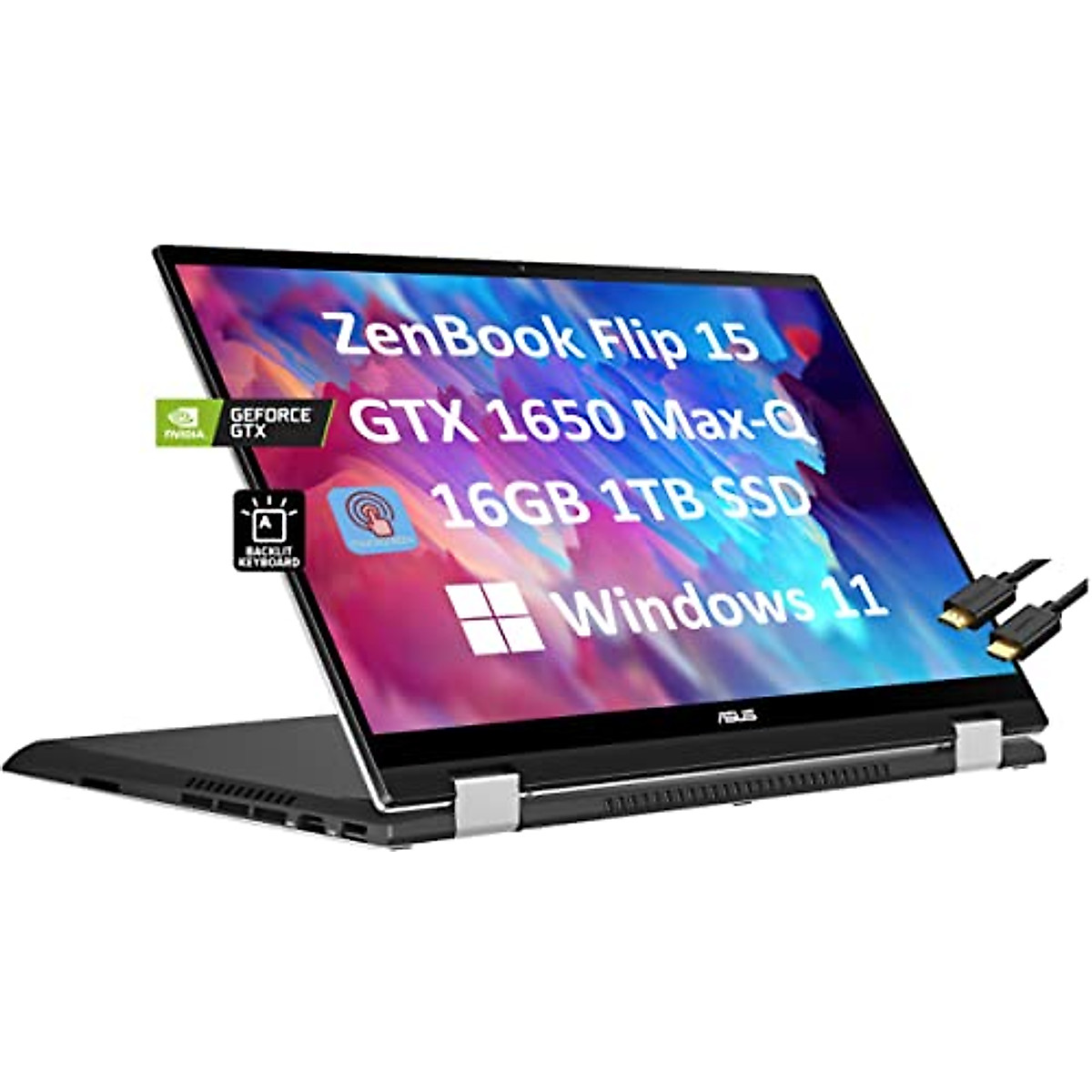 ASUS Zenbook Flip 15.6" FHD 2-in-1 Touchscreen (Intel 11th Gen 4-Core i7-1165G7, 16GB RAM, 1TB SSD, GTX 1650 Max-Q 4GB) IPS 1080p Business Laptop, Backlit KB, 2 x Thunderbolt 4, Windows 11, Q528EH