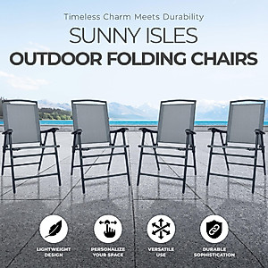 Four Seasons Courtyard Sunny Isles Outdoor Arm Chairs Foldable Outdoor Patio Seating Steel Frame Sling Fabric Furniture Set, 4 Pack, Black